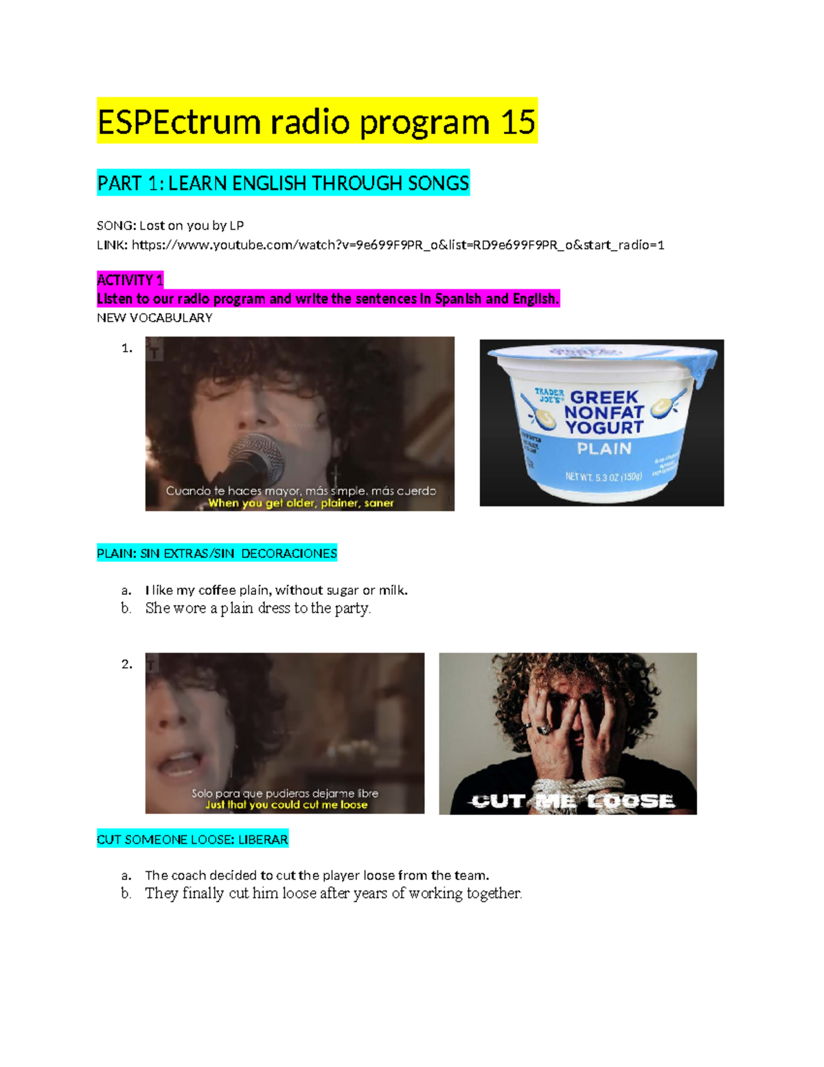 ESPEctrum Radio Program 15: Learn English Through Songs Activities ...