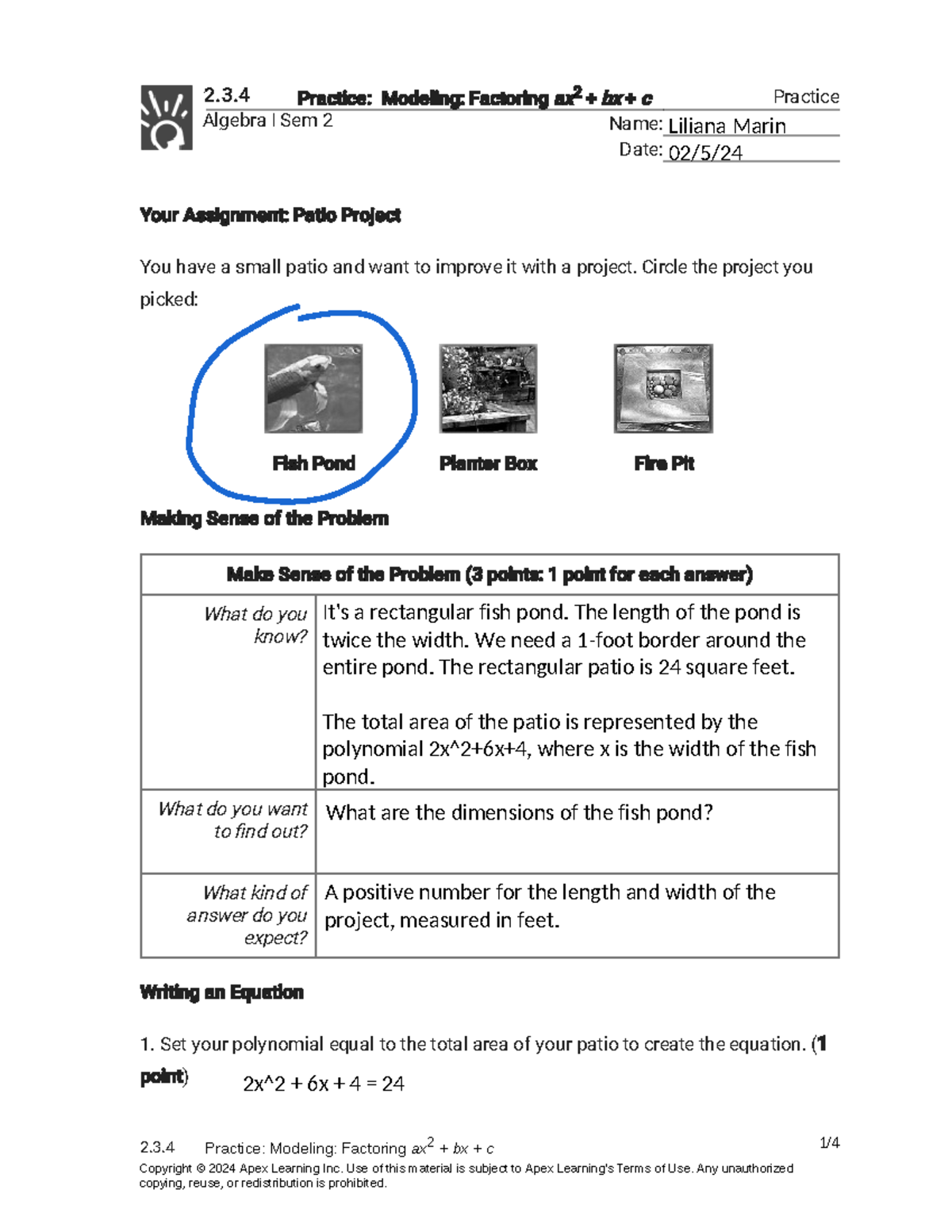 2.3.4 Practice - Modeling and Factoring ax^2 + bx + c (Algebra I Sem 2 ...