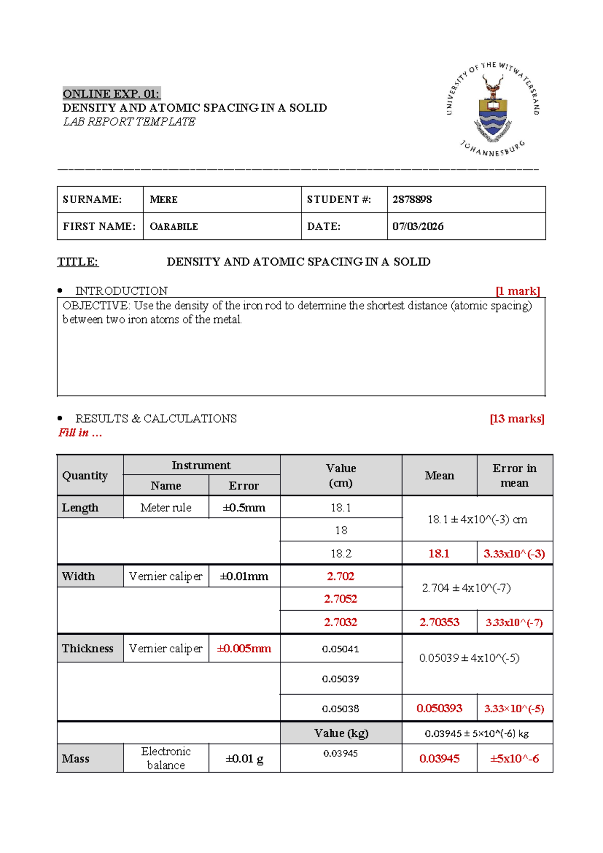 ONLINE EXP. 01: DENSITY & ATOMIC SPACING LAB REPORT TEMPLATE - Studocu