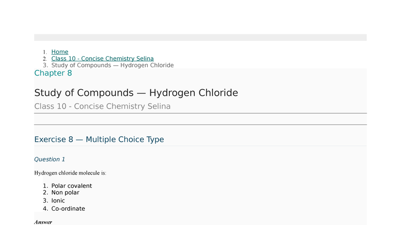 Study of Hydrogen Chloride - Class 10 Concise Chemistry Selina - Studocu