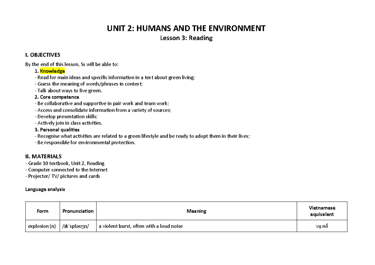 UNIT 2: HUMANS AND THE ENVIRONMENT Lesson Plans for Grade 10 - Studocu
