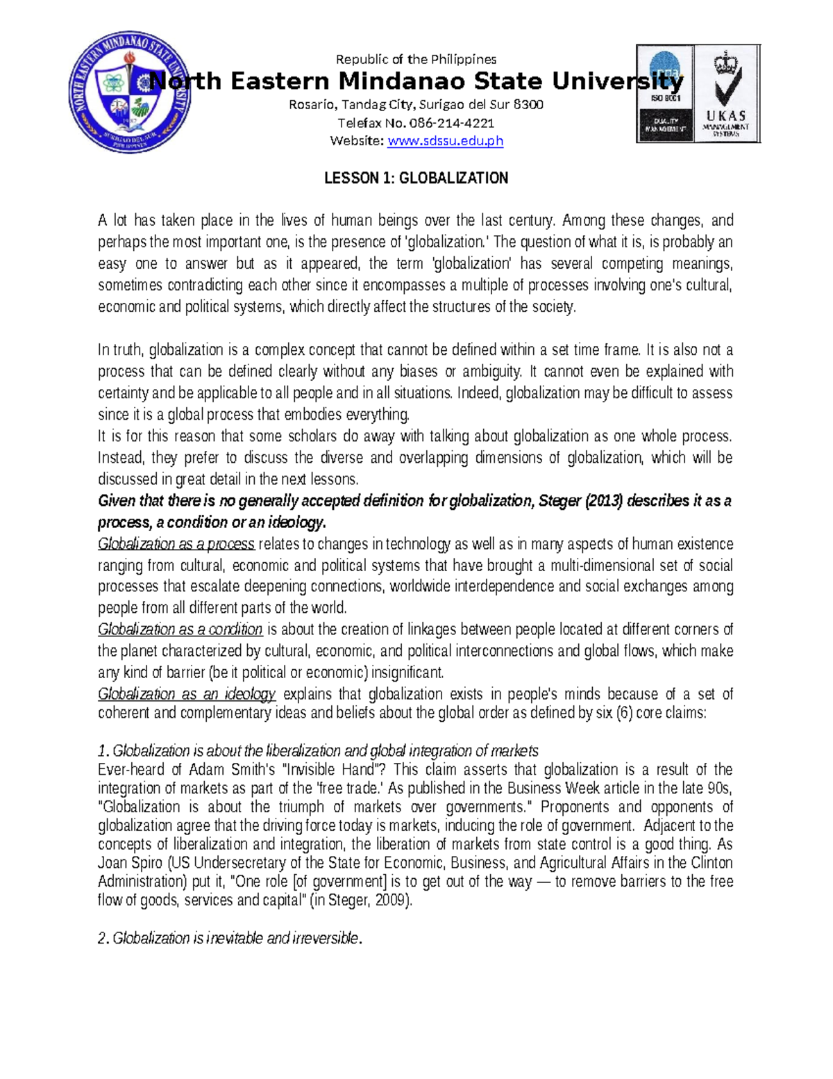 Lesson 1: Understanding Globalization and Its Impacts - Studocu