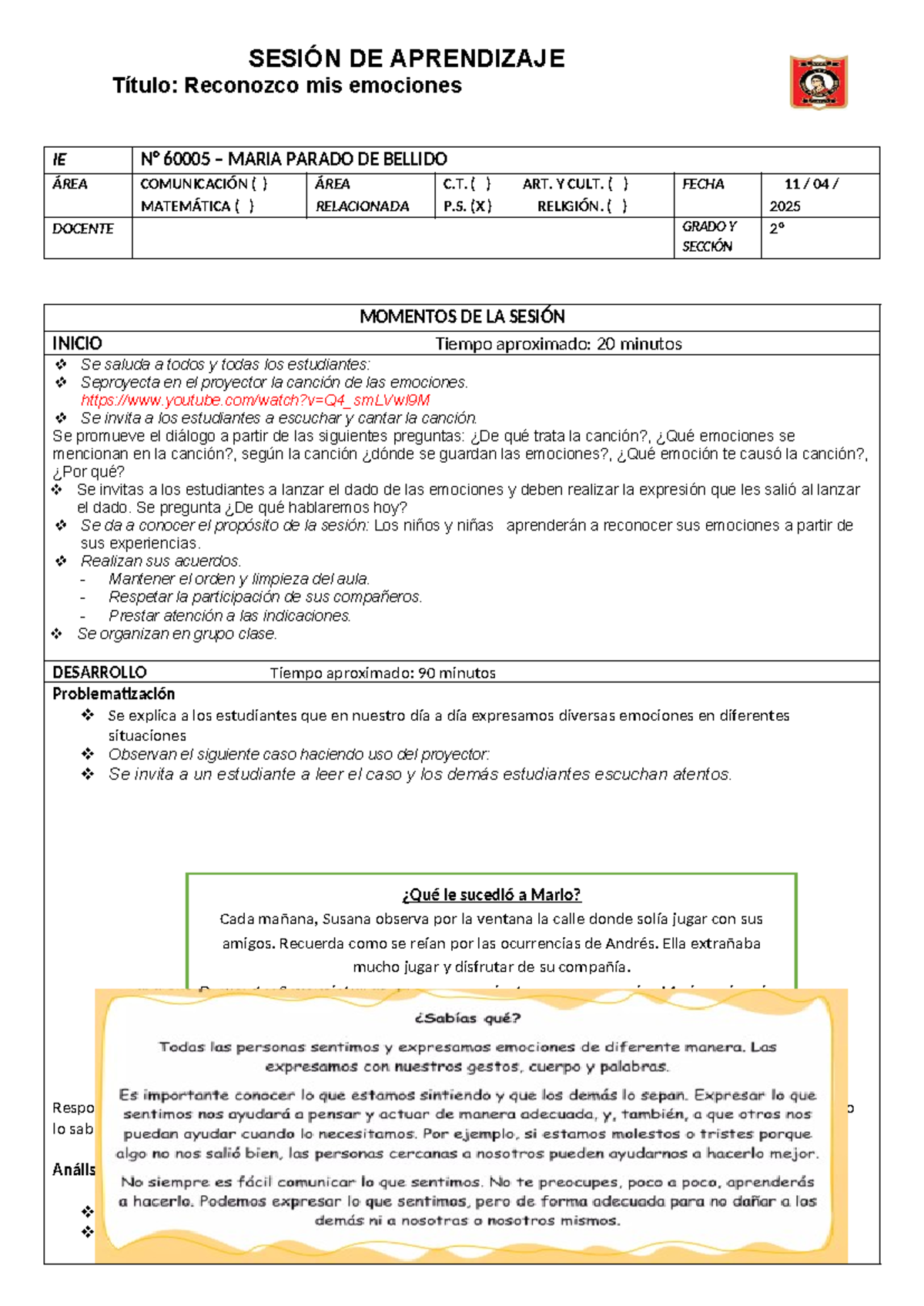 SESION DE APRENDIZAJE: Reconozco Mis Emociones - IE MARIA PARADO DE ...