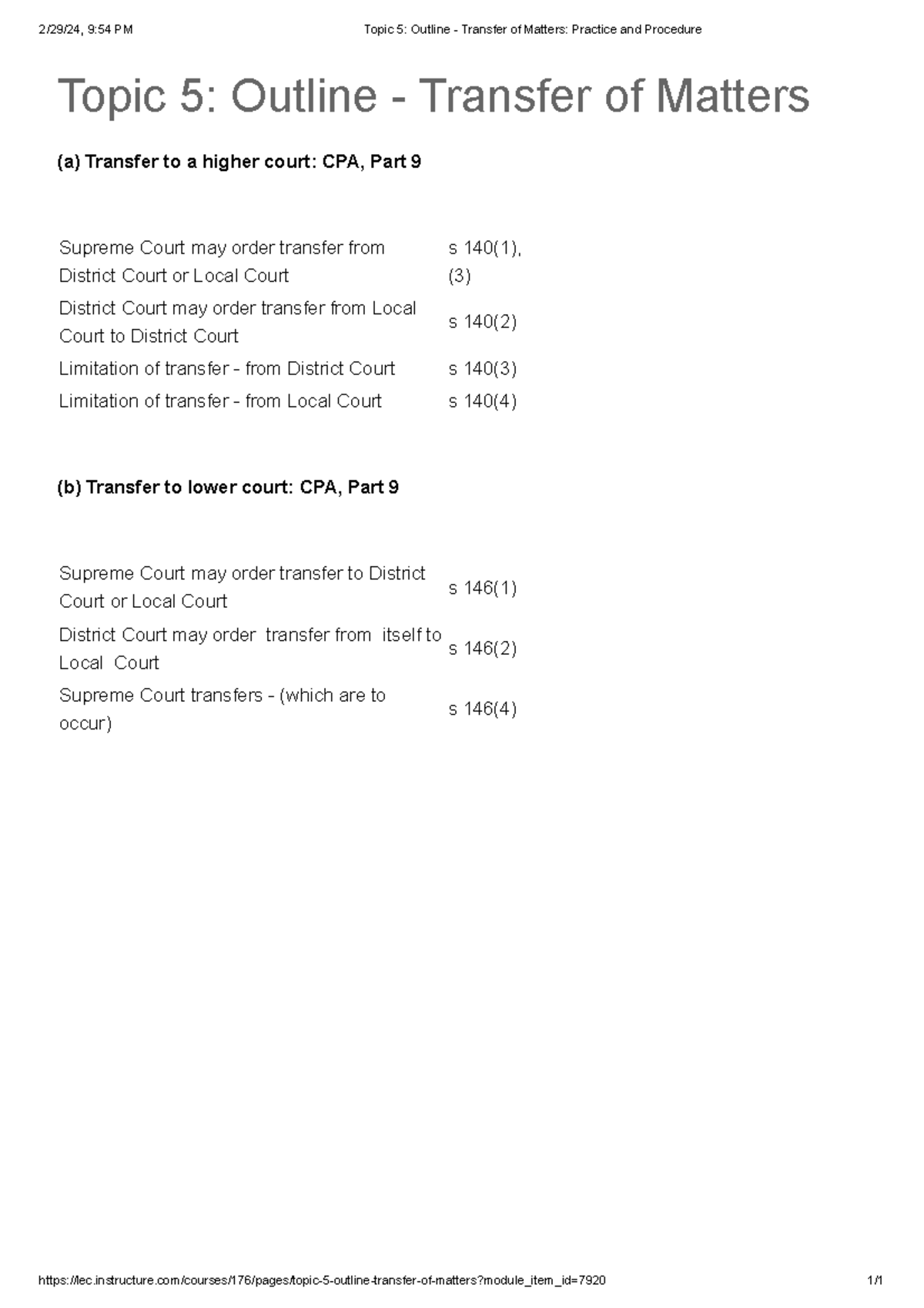 CPA Topic 5: Outline on Transfer of Matters - Practice & Procedure ...