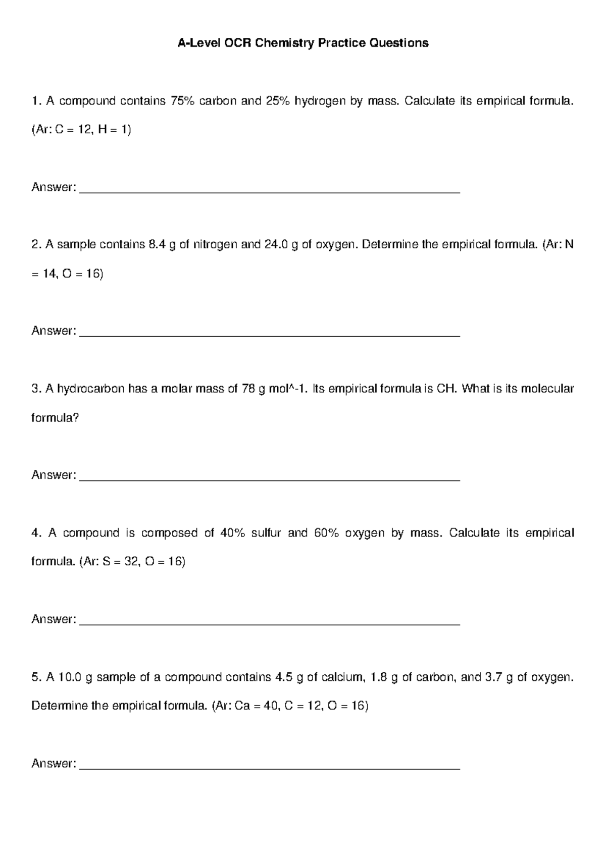 A-Level OCR Chemistry Practice Questions - Empirical Formula & Atom ...
