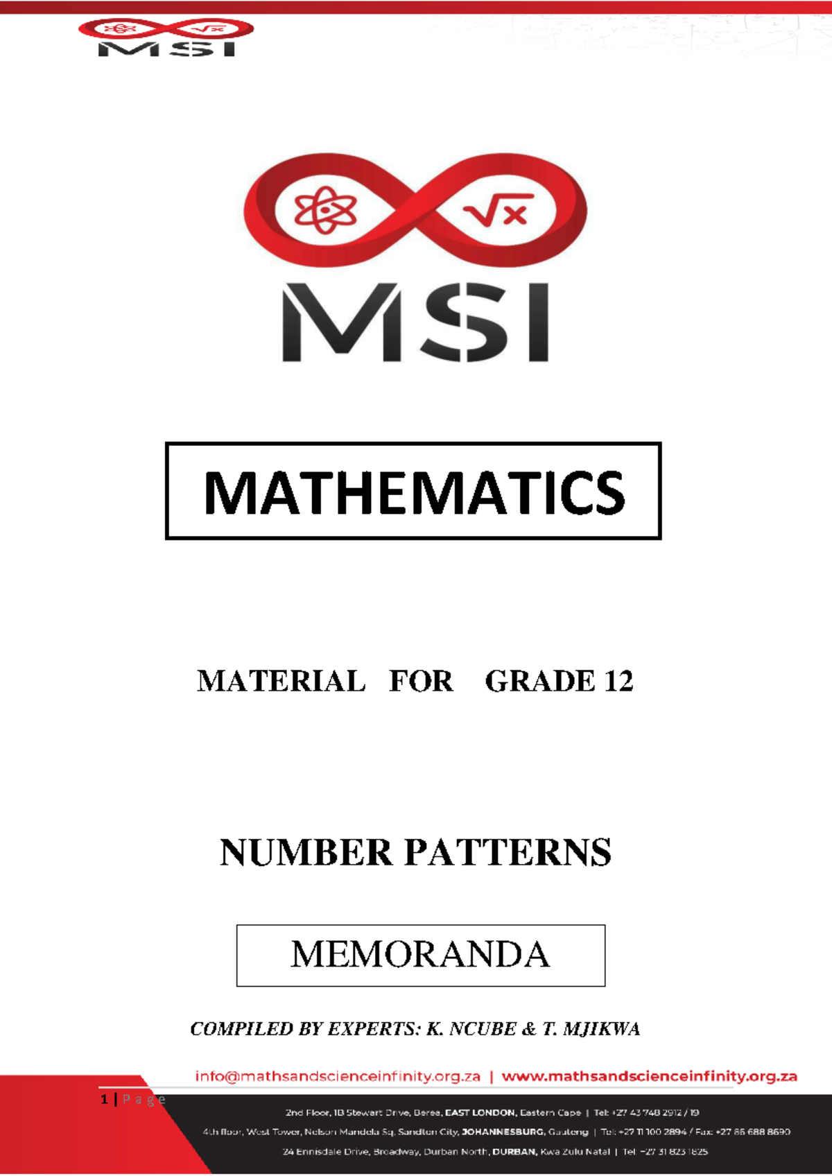 MSI Sequences & Series Memos - MATERIAL FOR GRADE 12 NUMBER PATTERNS ...