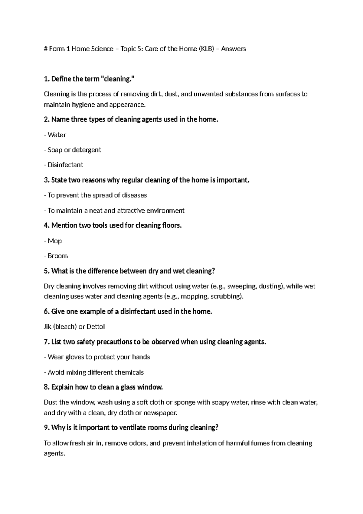 Form 1 Home Science Topic 5: Care of the Home (KLB) Notes - Studocu