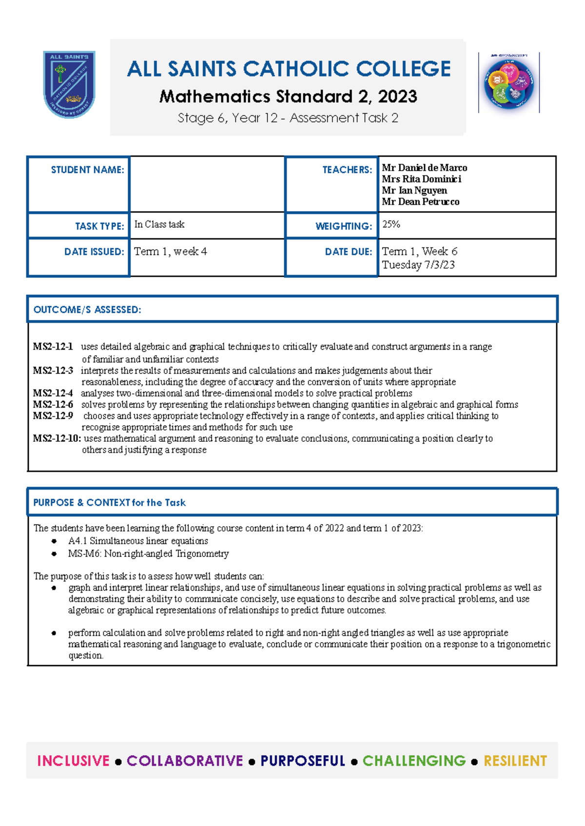 12 MAS Mathematics Standard 2 Task 2 Assessment Notification 2023 - Studocu