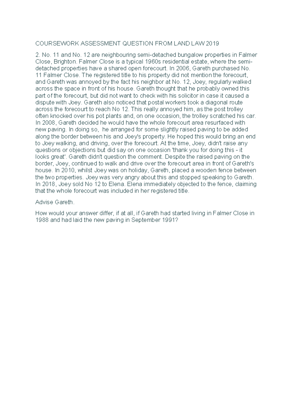 Land Law Coursework Assessment: Practice Question on Property Dispute ...