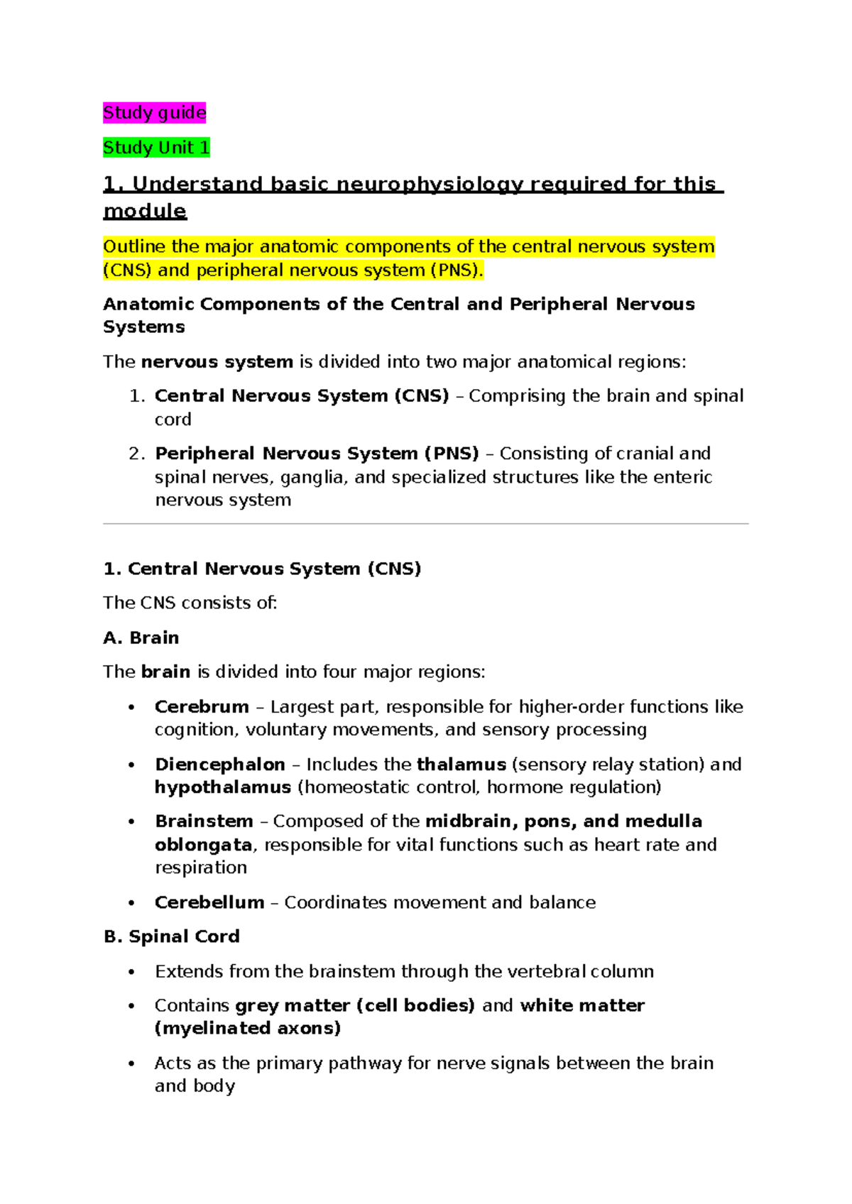 FLG 327 Study Guide: Understanding Neurophysiology and Nervous System ...