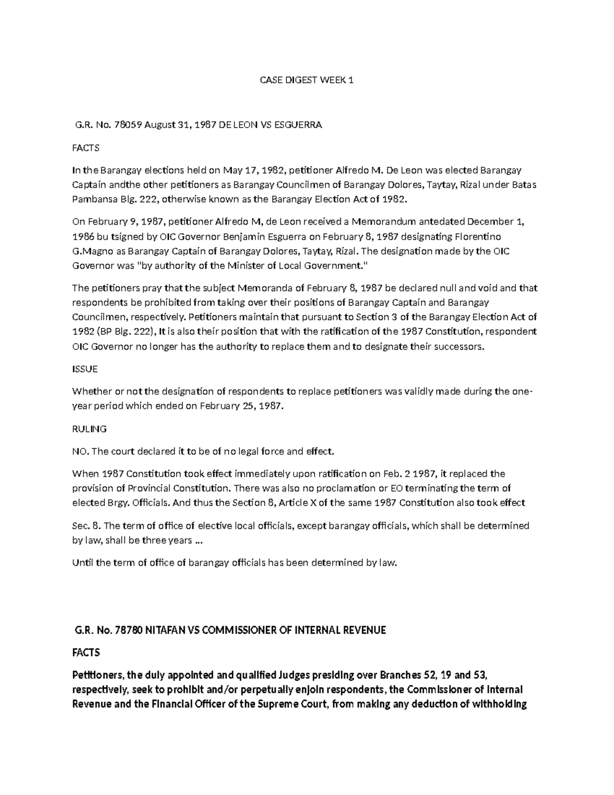 CASE DIGEST WEEK 1: Key Rulings and Issues in Philippine Law - Studocu