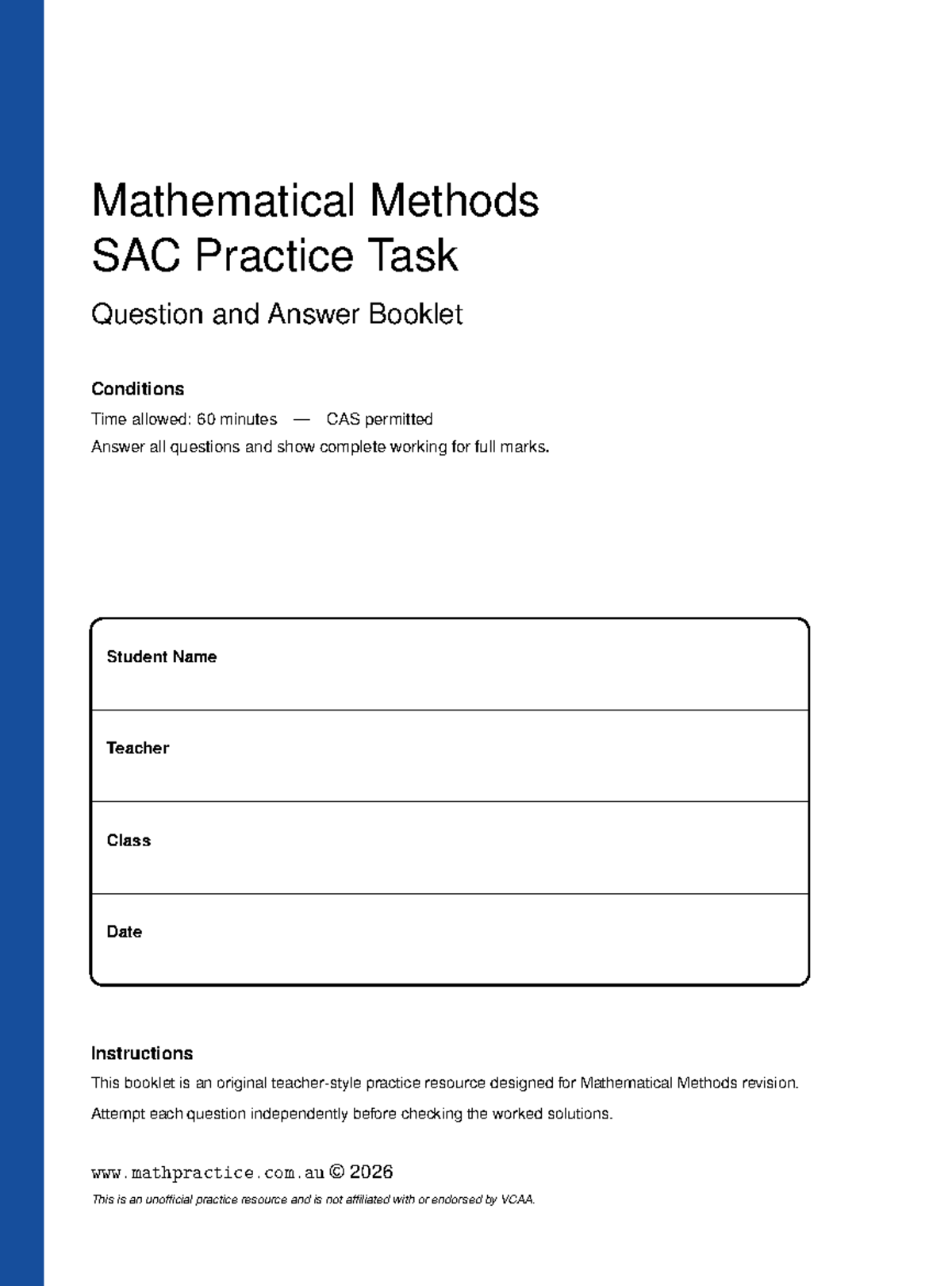 Mathematical Methods SAC Differentiation Practice Questions & Solutions ...