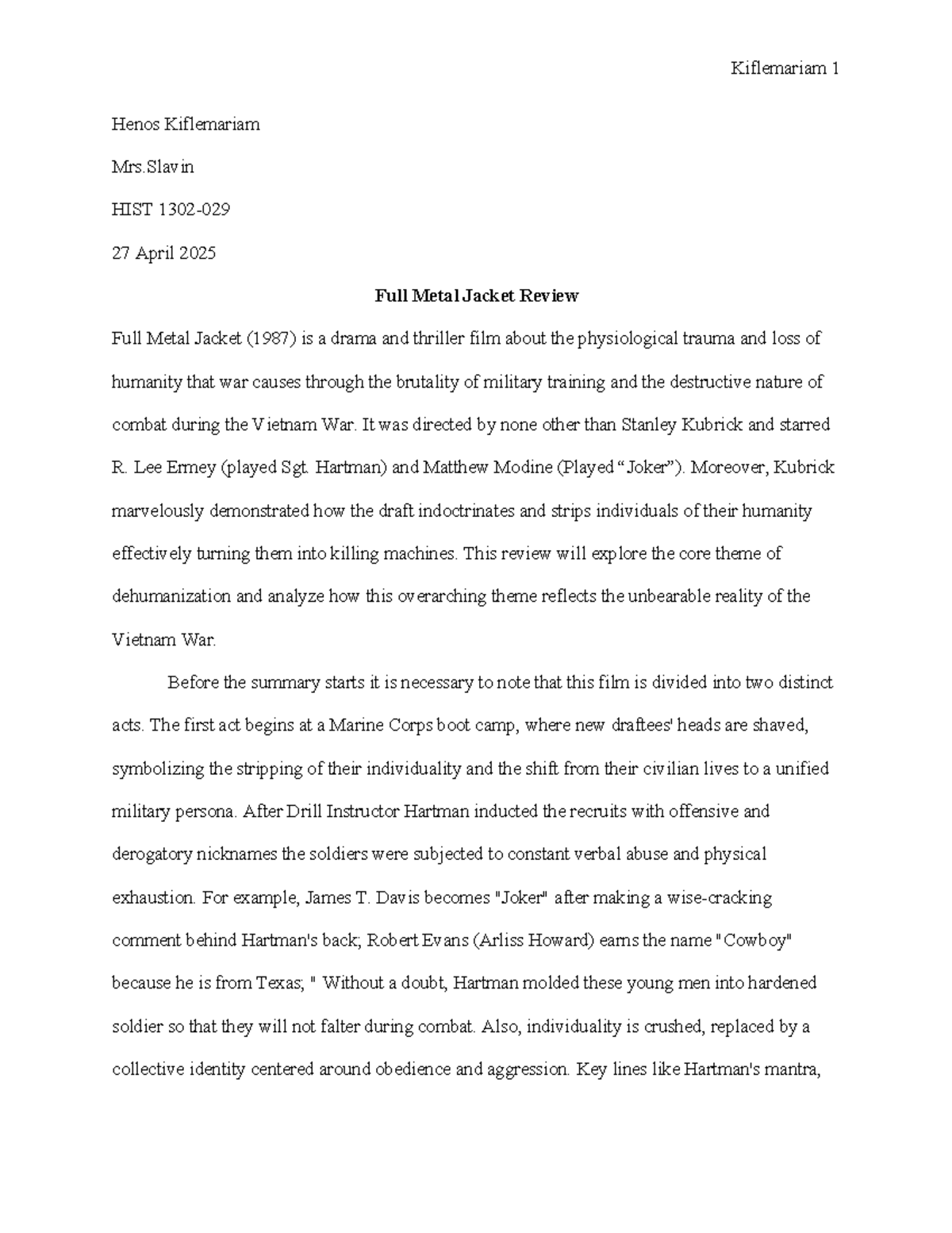 HIST 27 Full Metal Jacket: A Review of Dehumanization in War - Studocu