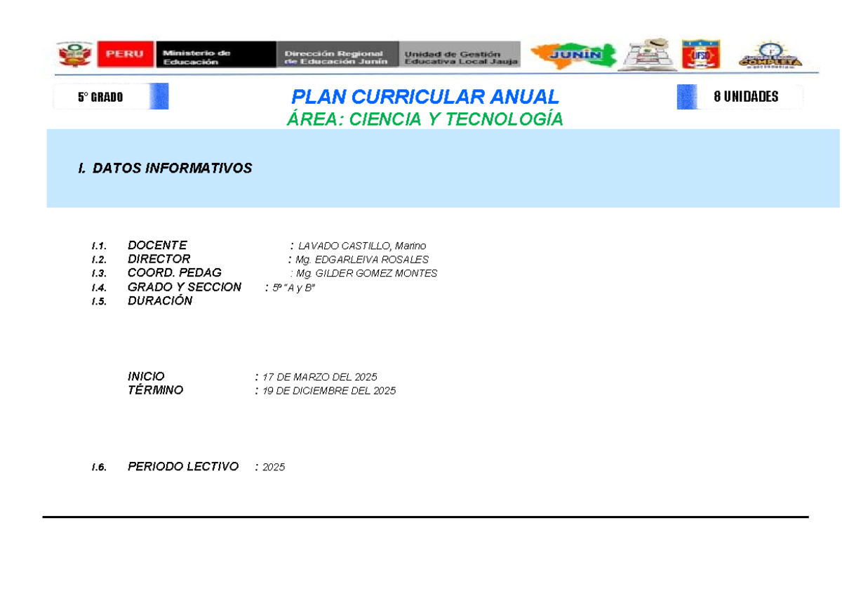 Programación Anual y Unidades de Aprendizaje 2025 - 5° Grado - Studocu
