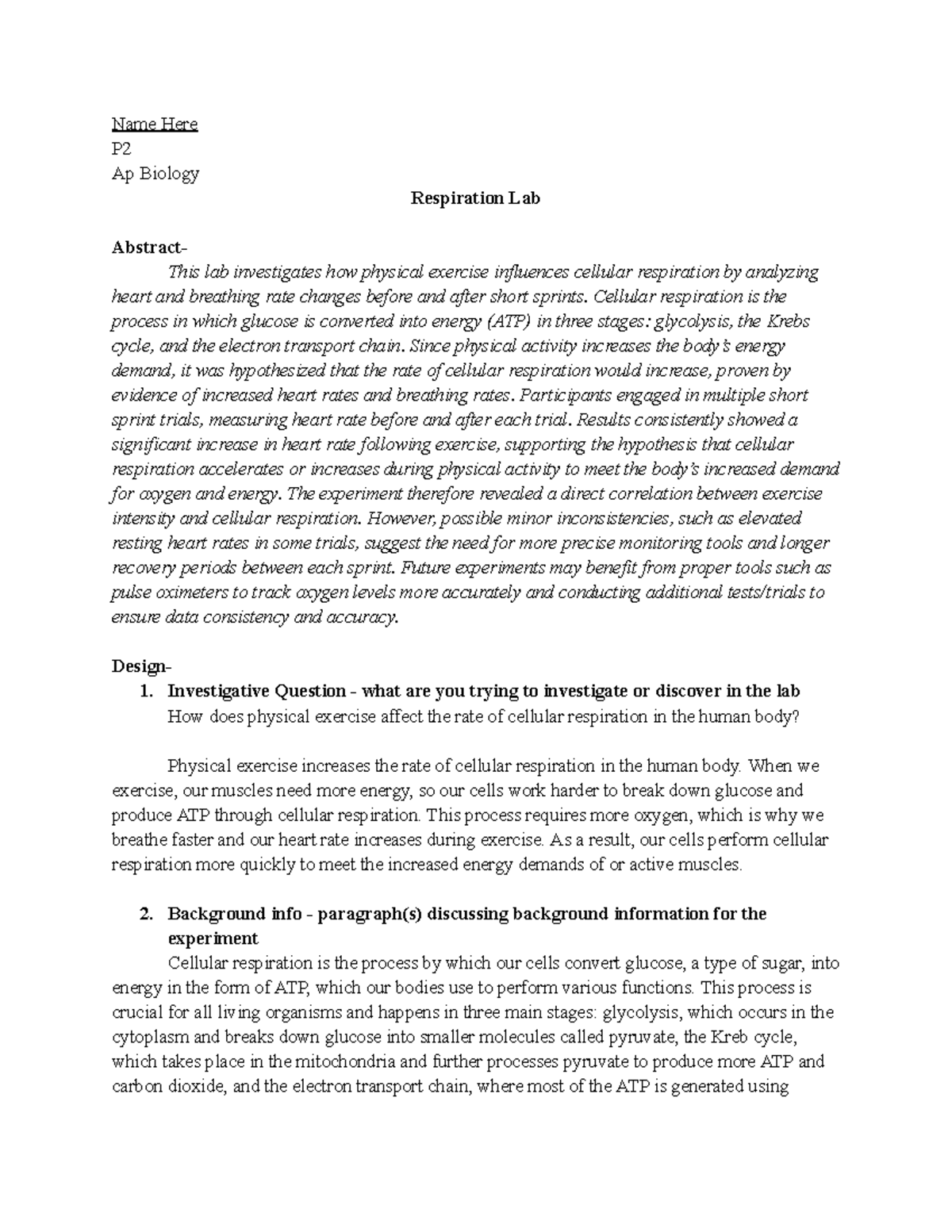 AP Biology Respiration Lab Report: Effects of Exercise on Cellular ...