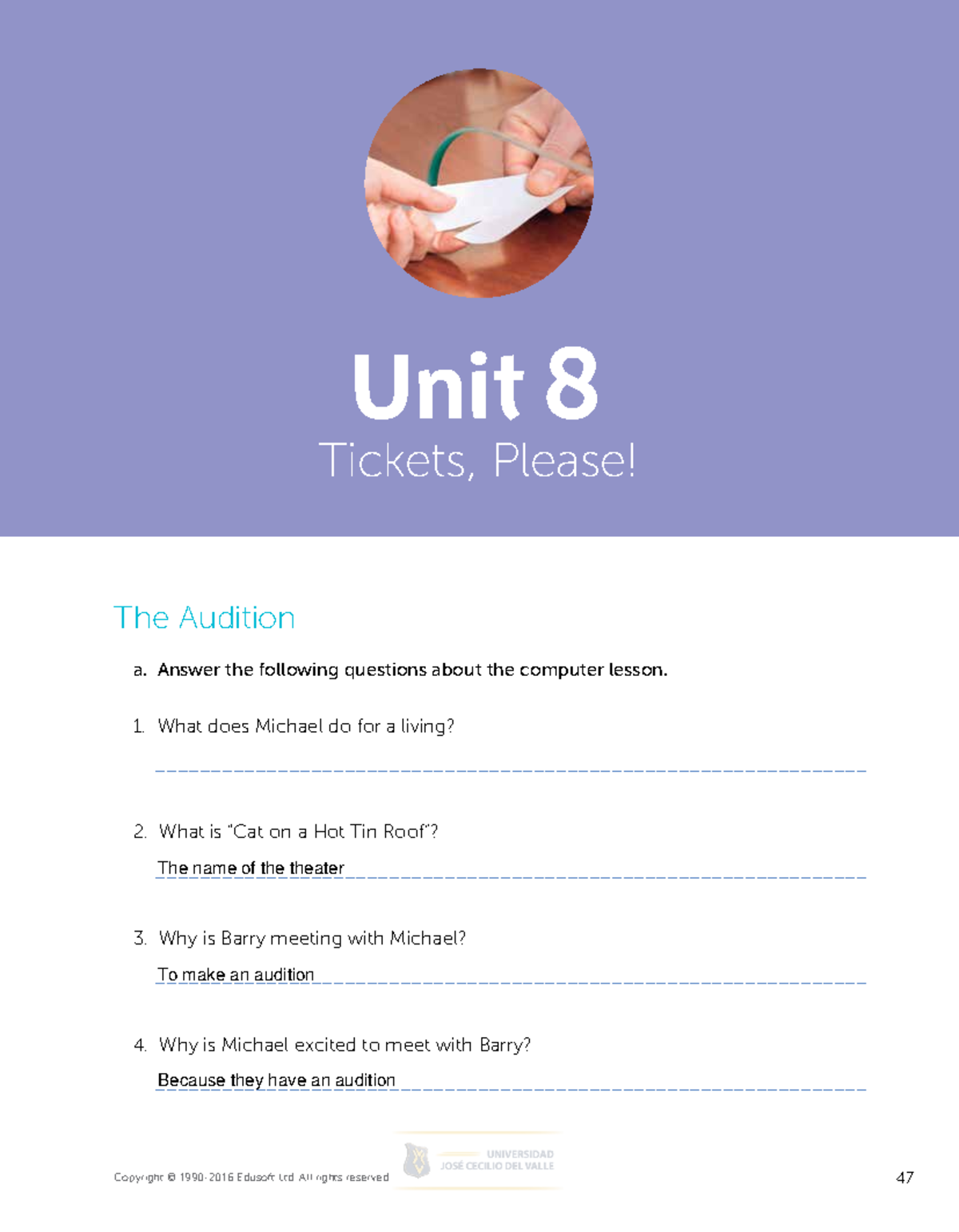 Workbook Unit 8dggggji - The Audition a. Answer the following questions ...