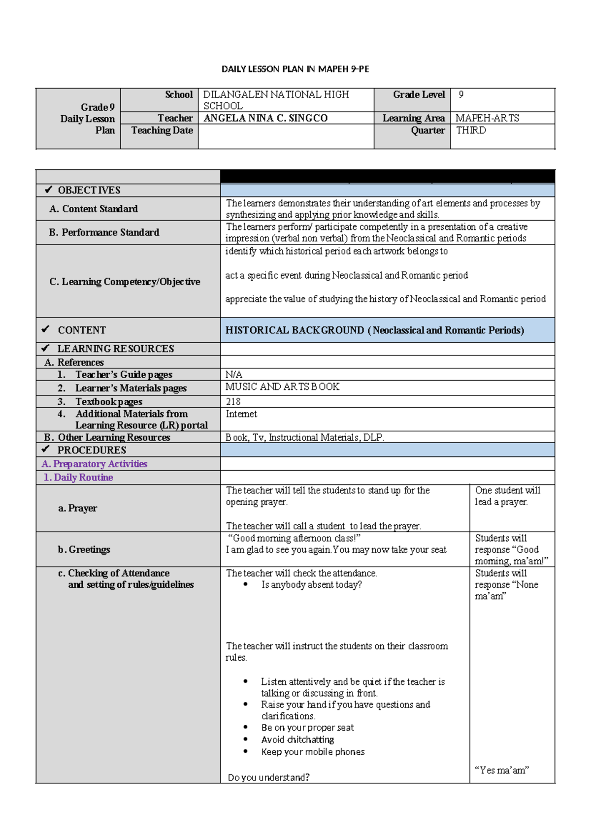 DAILY LESSON PLAN IN MAPEH GRADE 9: NECLASSICAL & ROMANTIC PERIODS ...