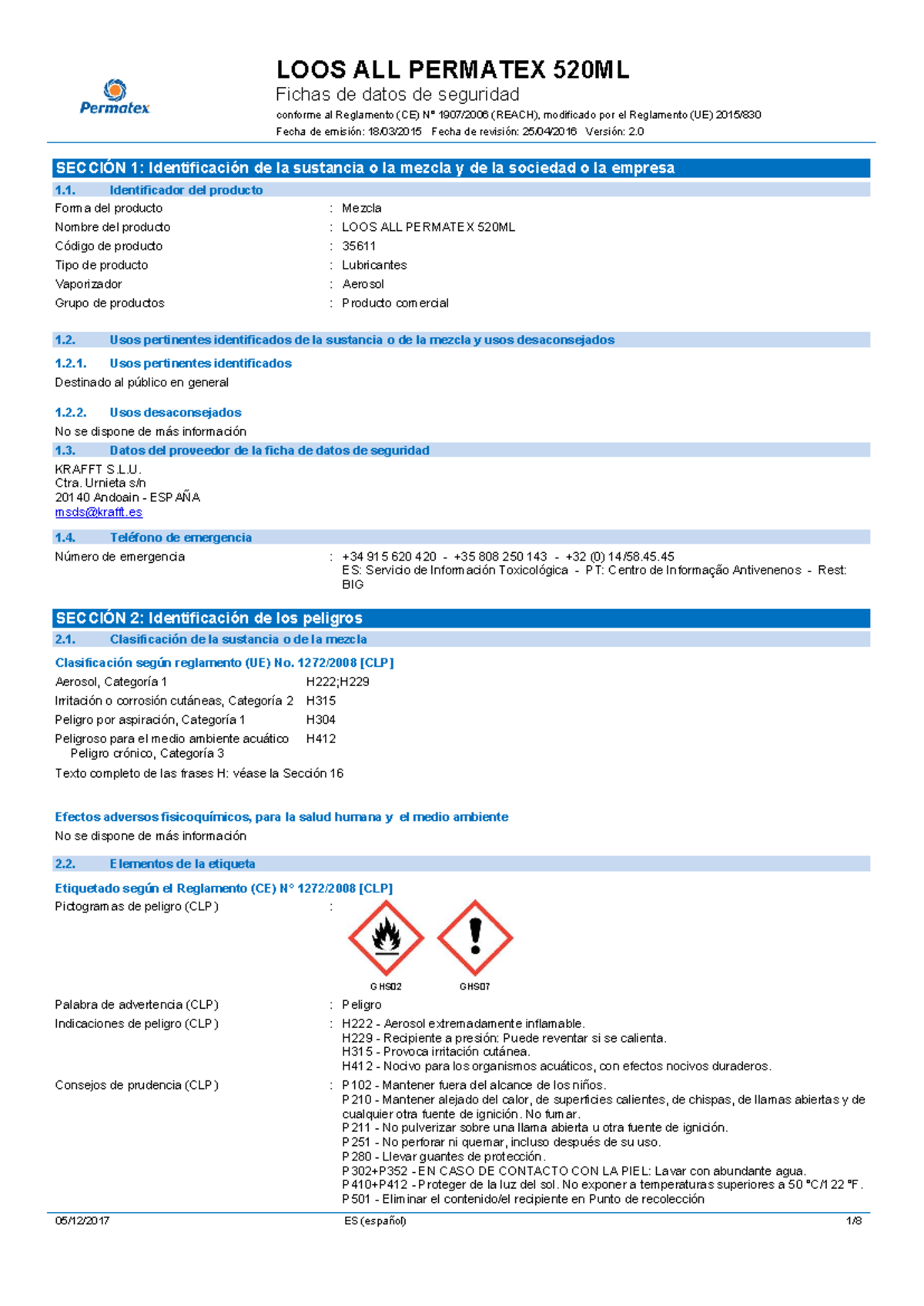 LOOS ALL PERMATEX 520ML - Ficha de Datos de Seguridad (REACH) - Studocu