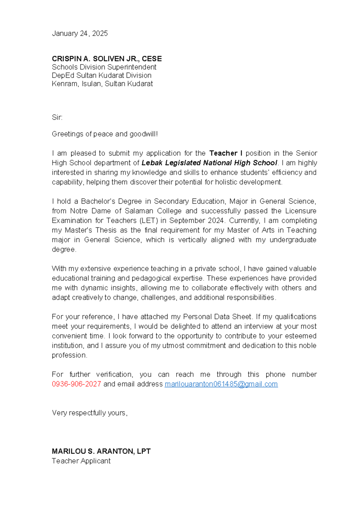 Application Letter - January 24, 2025 CRISPIN A. SOLIVEN JR., CESE ...