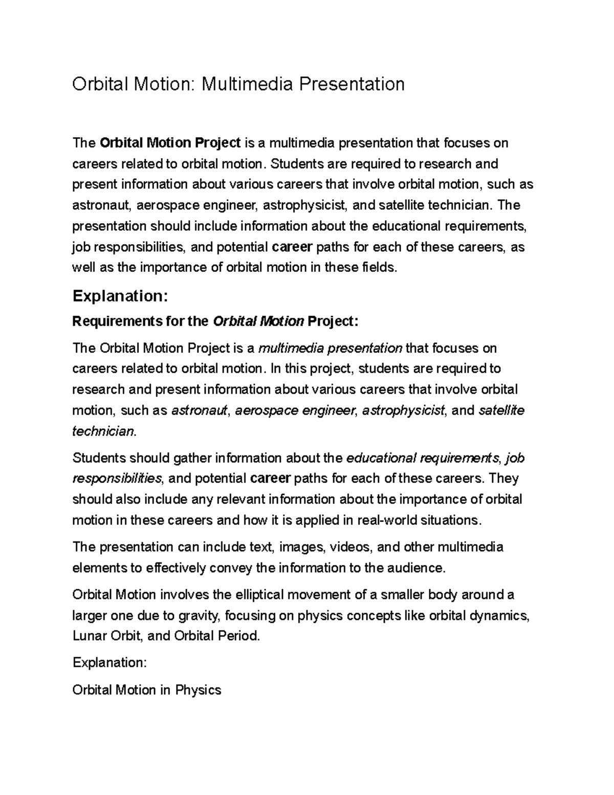 Orbital Motion Careers: Multimedia Project Overview - Studocu