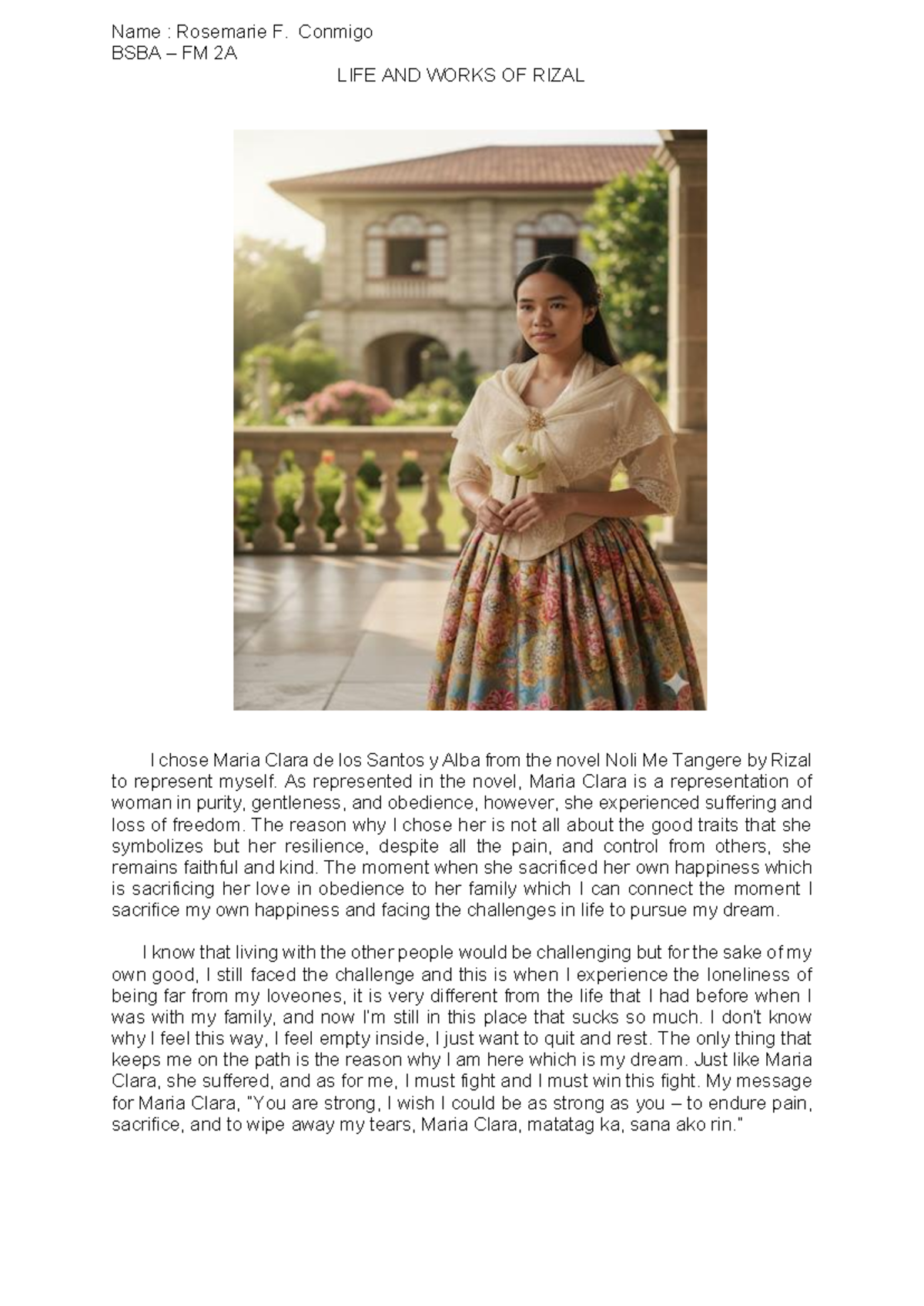 BSBA FM 2A Essay: Resilience and Sacrifice in Maria Clara's Life - Studocu
