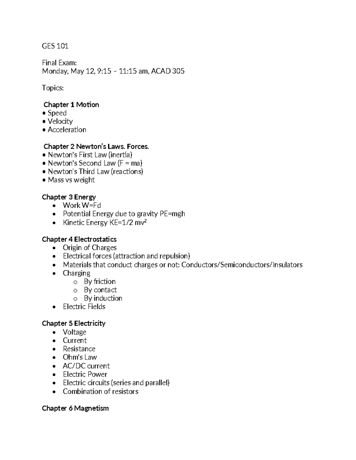 GES 101 Final Exam Study Guide: Motion, Forces, Energy & EMI - Studocu