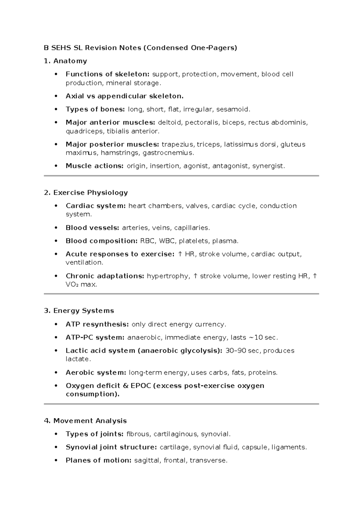B SEHS SL Revision Notes: Key Concepts in Anatomy & Physiology - Studocu