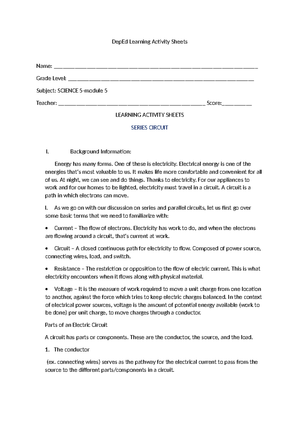 Science 5 Series and Parallel Circuits: Learning Activity Sheets - Studocu