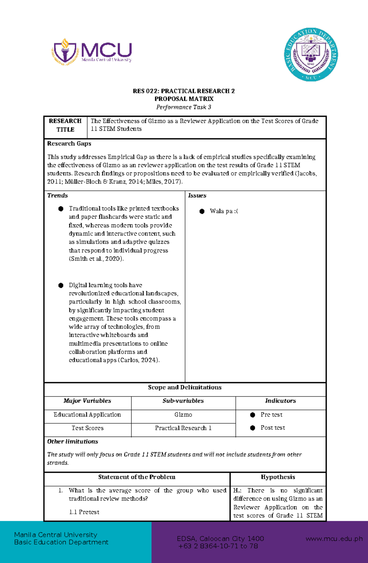 Res 022: Practical research 2 proposal matrix on gizmo's effectiveness ...