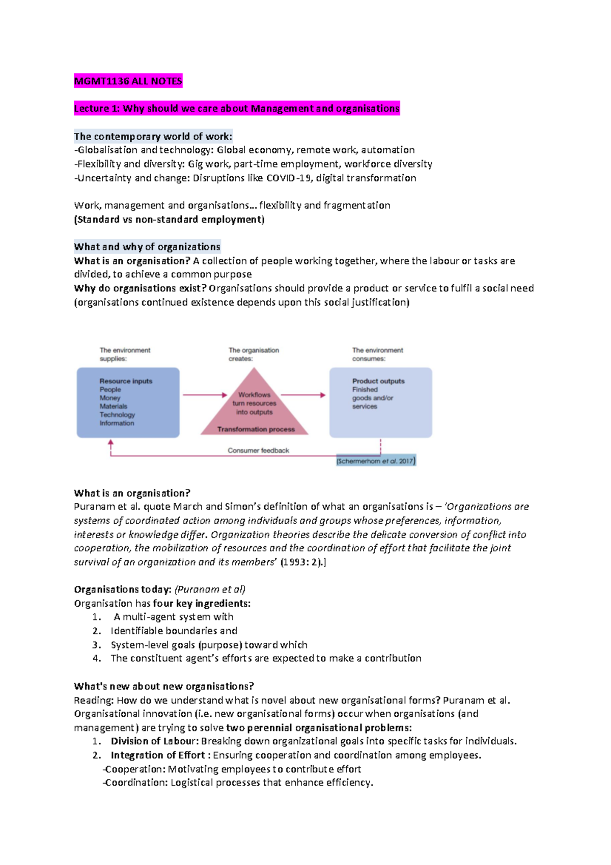 MGMT1136 Lecture Notes: Management and Organizations - Studocu