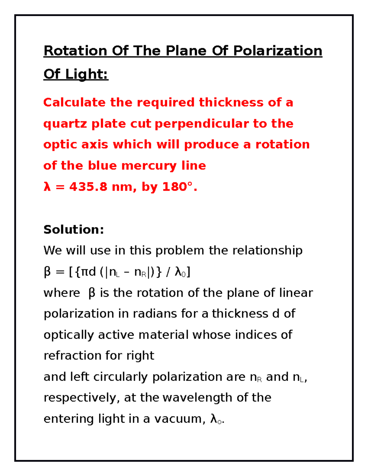 Rotation Of The Plane Of Polarization Of Light - Rotation Of The Plane ...