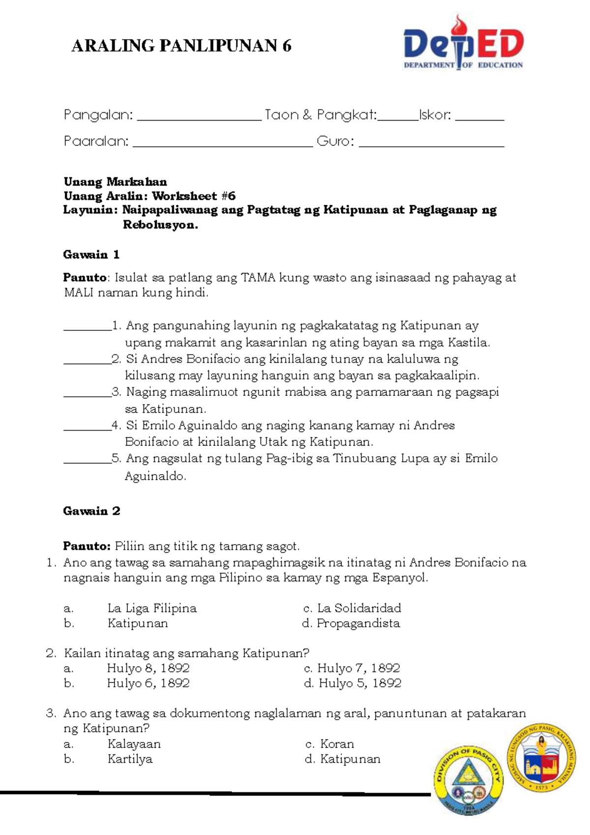 AP 6 - Q1 - W6 - Worksheet on Katipunan and Rebolusyon - Studocu