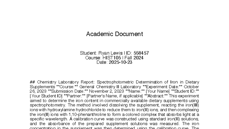 HIST105 Lab Report: Spectrophotometric Analysis of Iron in Supplements ...