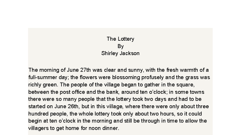 The Lottery Analysis: Shirley Jackson's Short Story Insights - Studocu