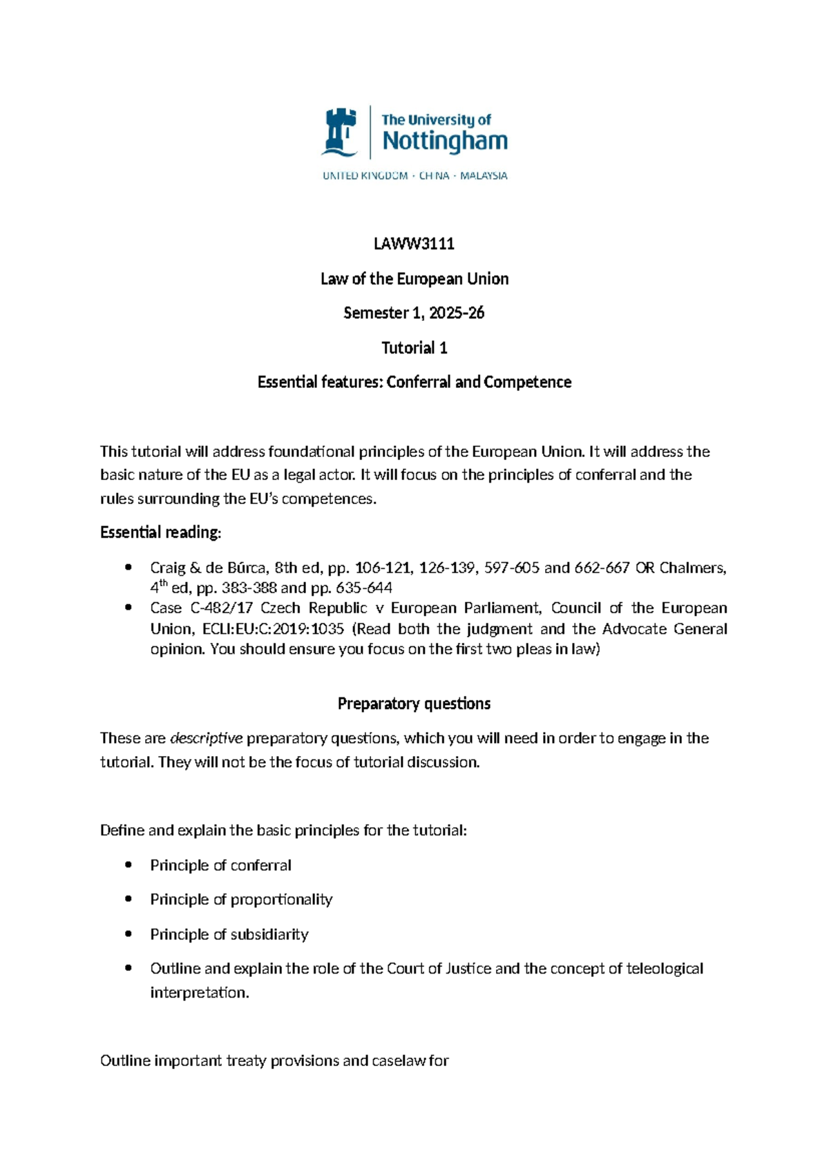 LAWW3111 S1 Tutorial 1: Conferral & Competence in EU Law - Studocu