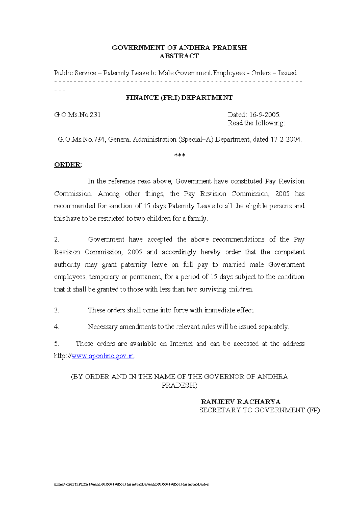 G.O.Ms.No.231: Paternity Leave Orders for Male Employees - Studocu
