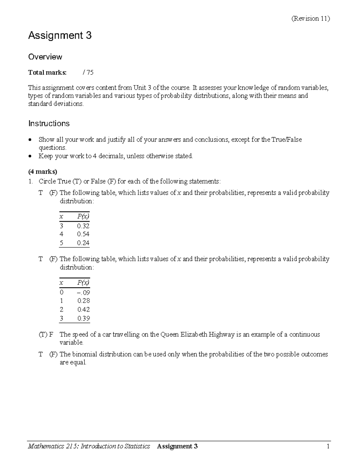 MATH215: Assignment 3 Overview on Random Variables and Probability ...