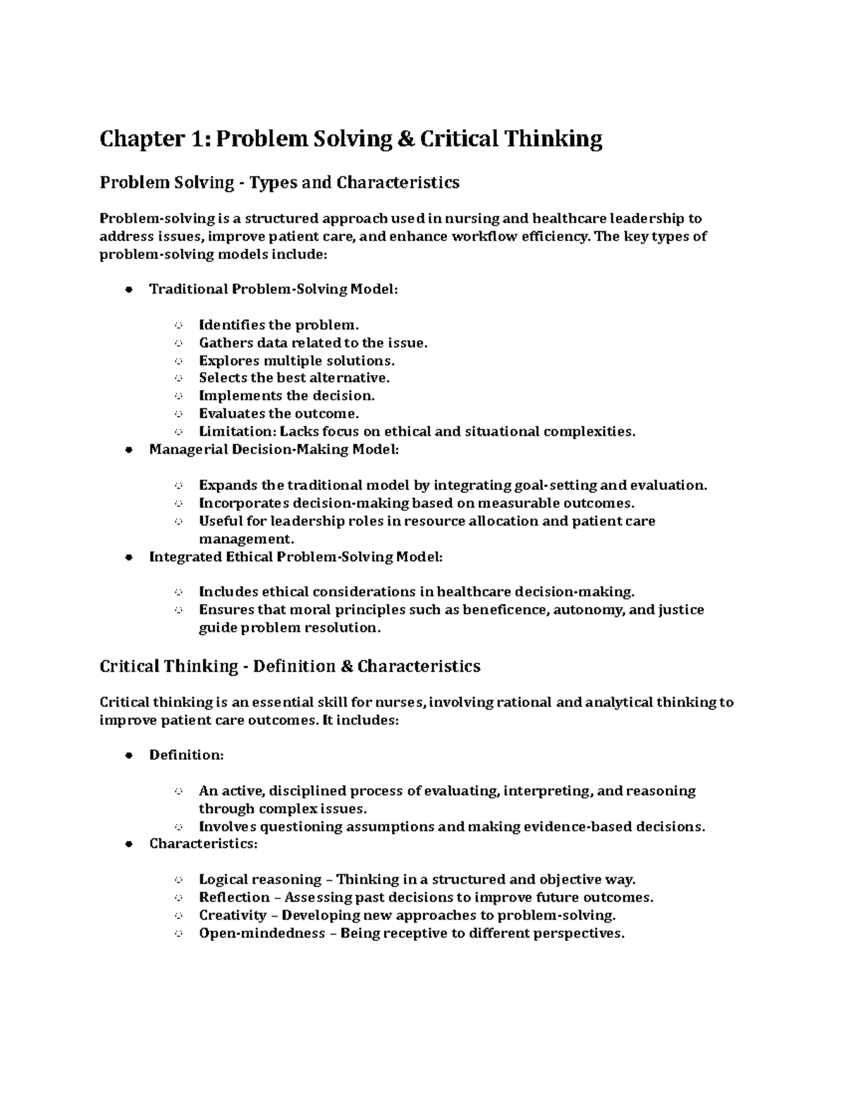 Leadership exam 1 compa - Chapter 1: Problem Solving & Critical ...