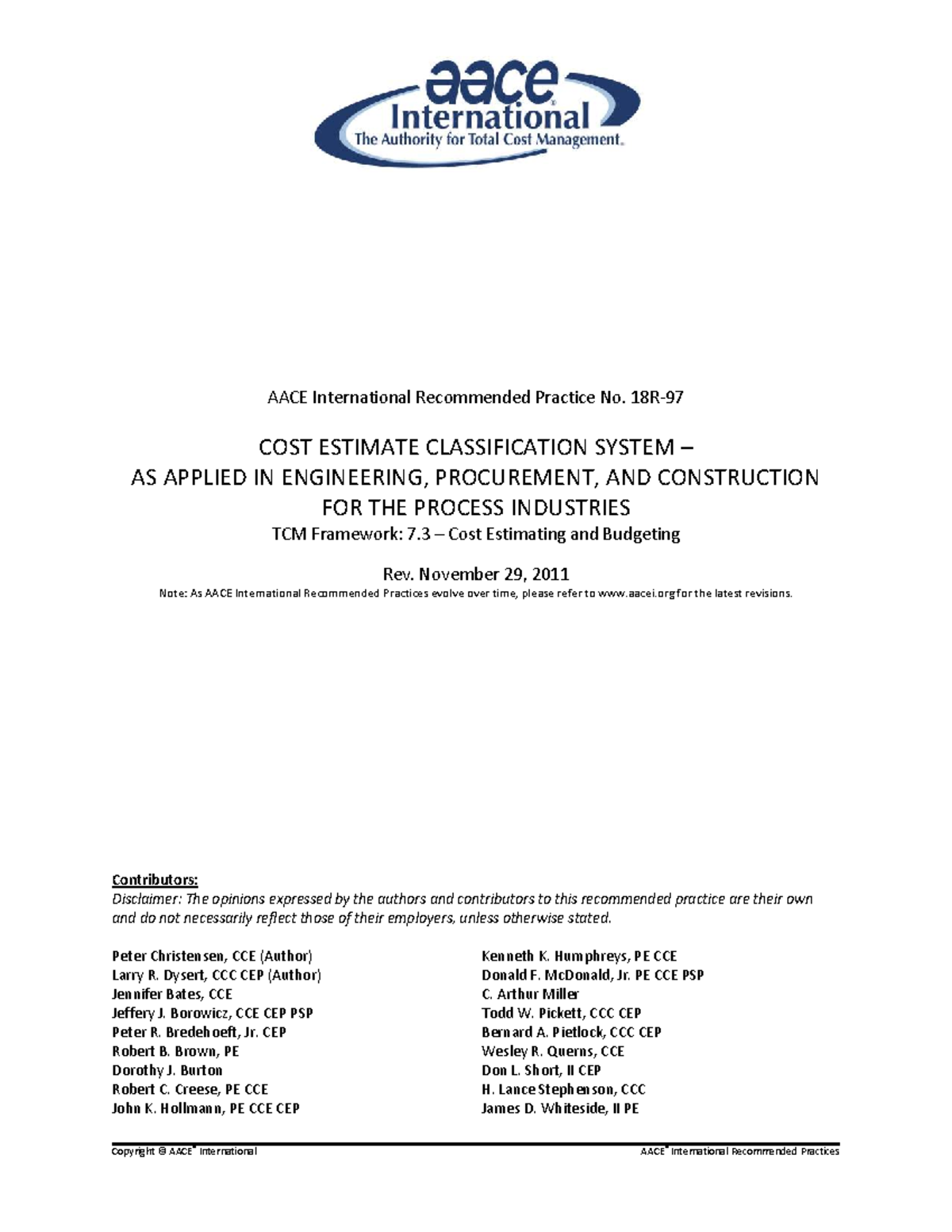AACE 3.1 Standard Cost Estimate Classification for EPC in Process ...