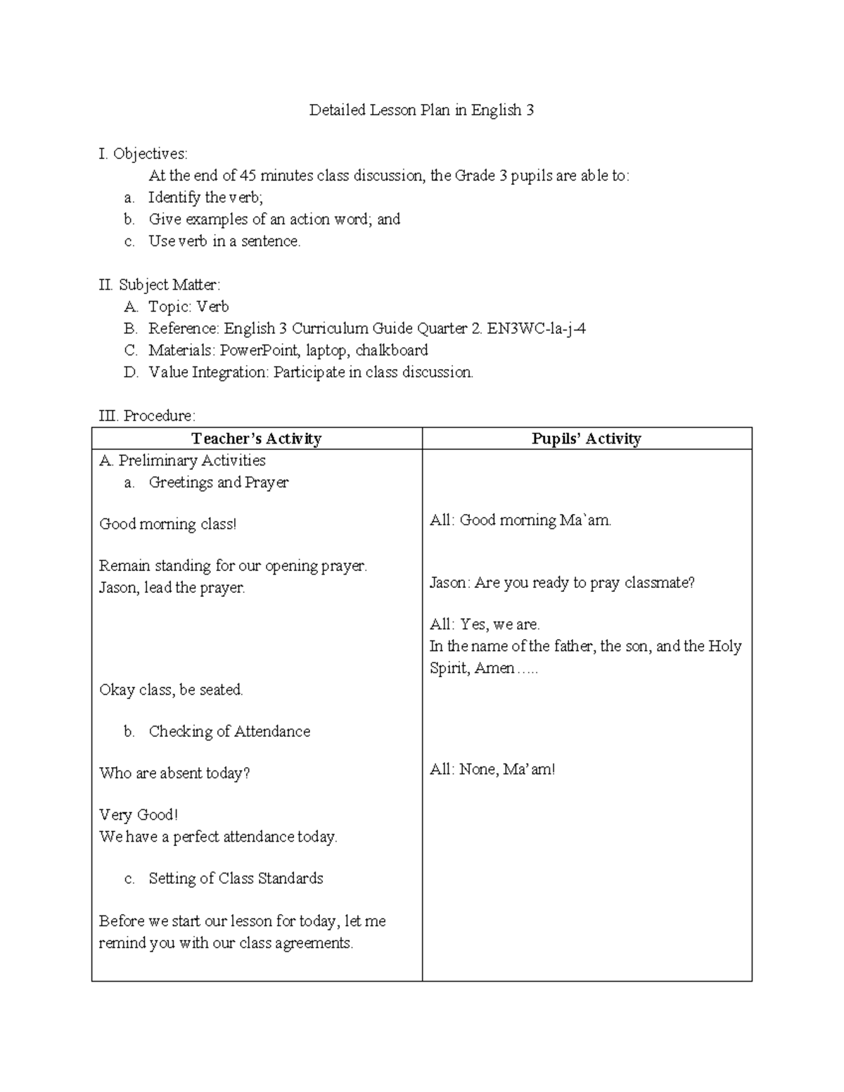 Detailed Lesson Plan: Understanding Verbs in English 3 - Studocu