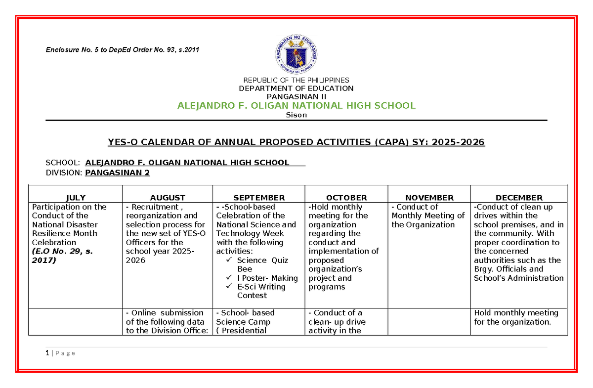 YES-O CAPA 2025-2026: Calendar of Proposed Activities - Studocu
