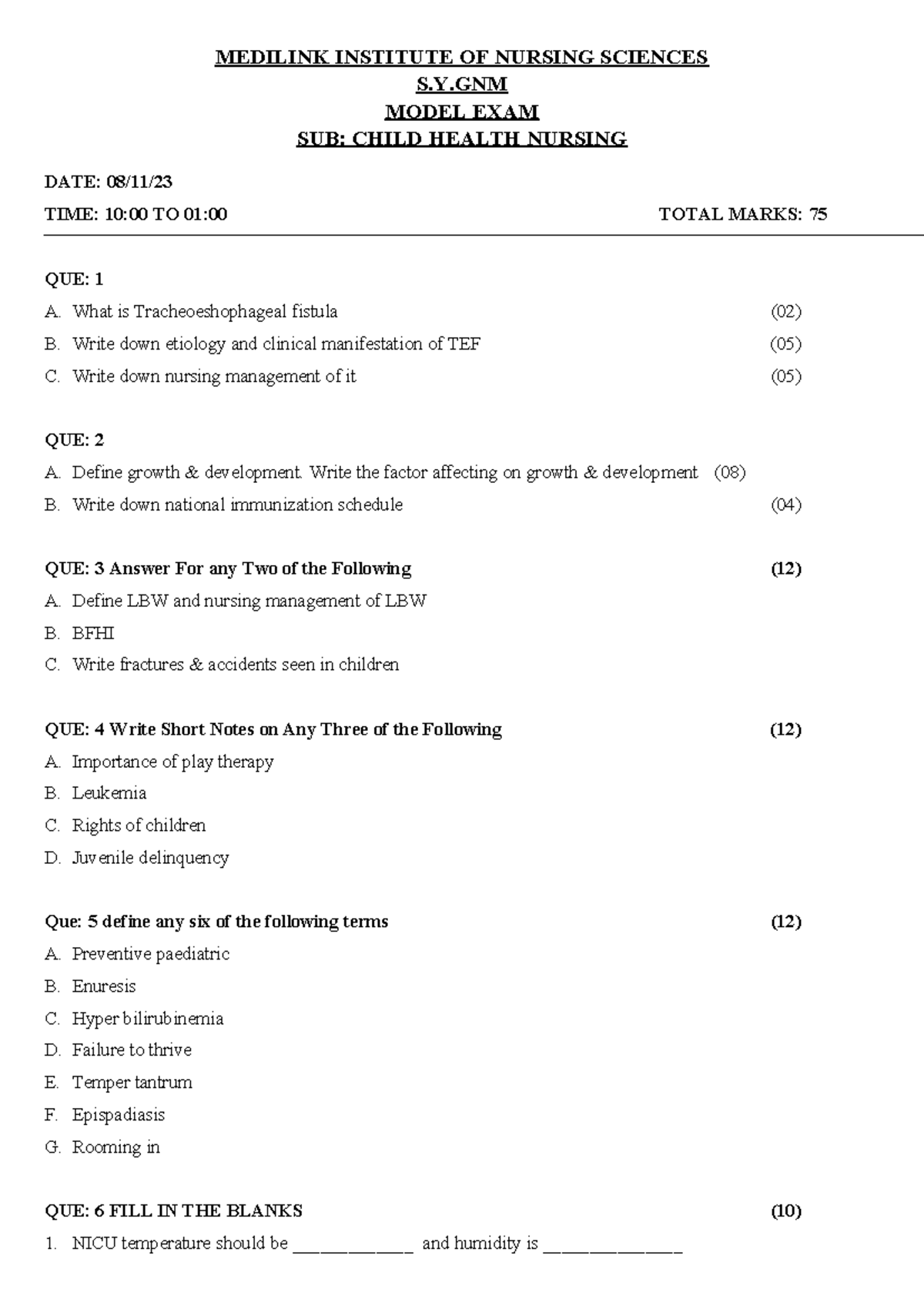 S.Y. GNM Model Exam: Child Health Nursing Questions & Guidelines - Studocu