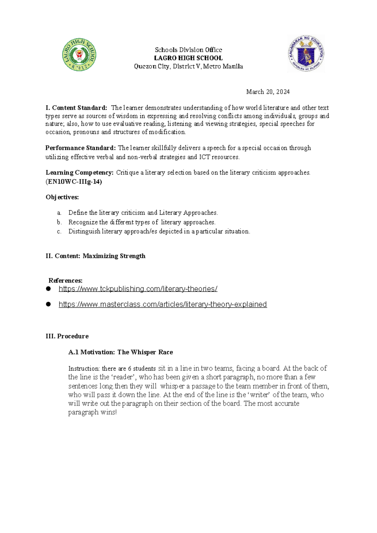 EN10WC-IIIg-14: Literary Criticism and Approaches Lesson Plan - Studocu