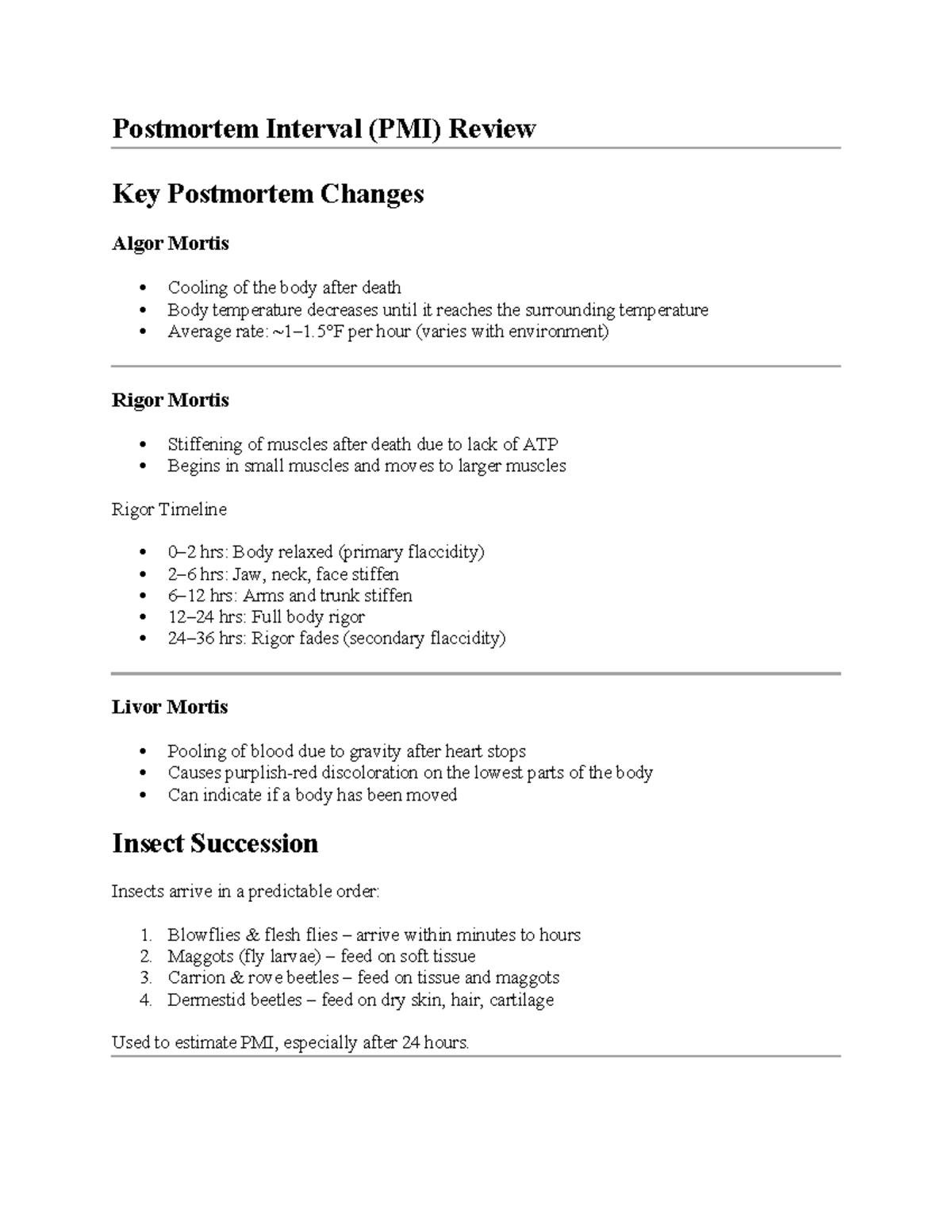 5th- Postmortem Interval (PMI) Review: Key Changes & Indicators - Studocu