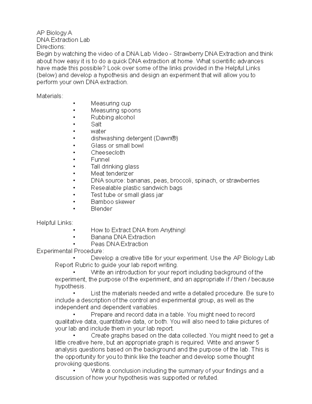 AP Biology A: Strawberry DNA Extraction Lab Procedure & Guide - Studocu