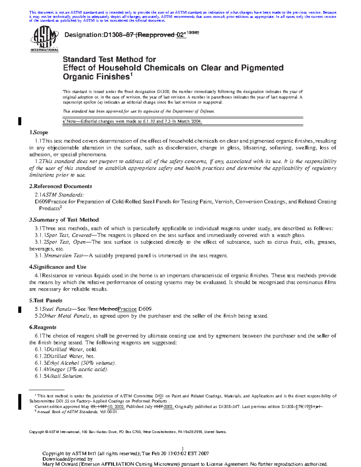 ASTM D1308 - 2002: Test Method for Effects of Household Chemicals on ...