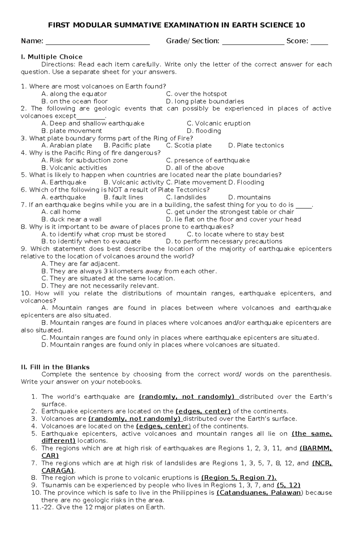 1st Modular Summative Exam in Earth Science 10 SY - Studocu