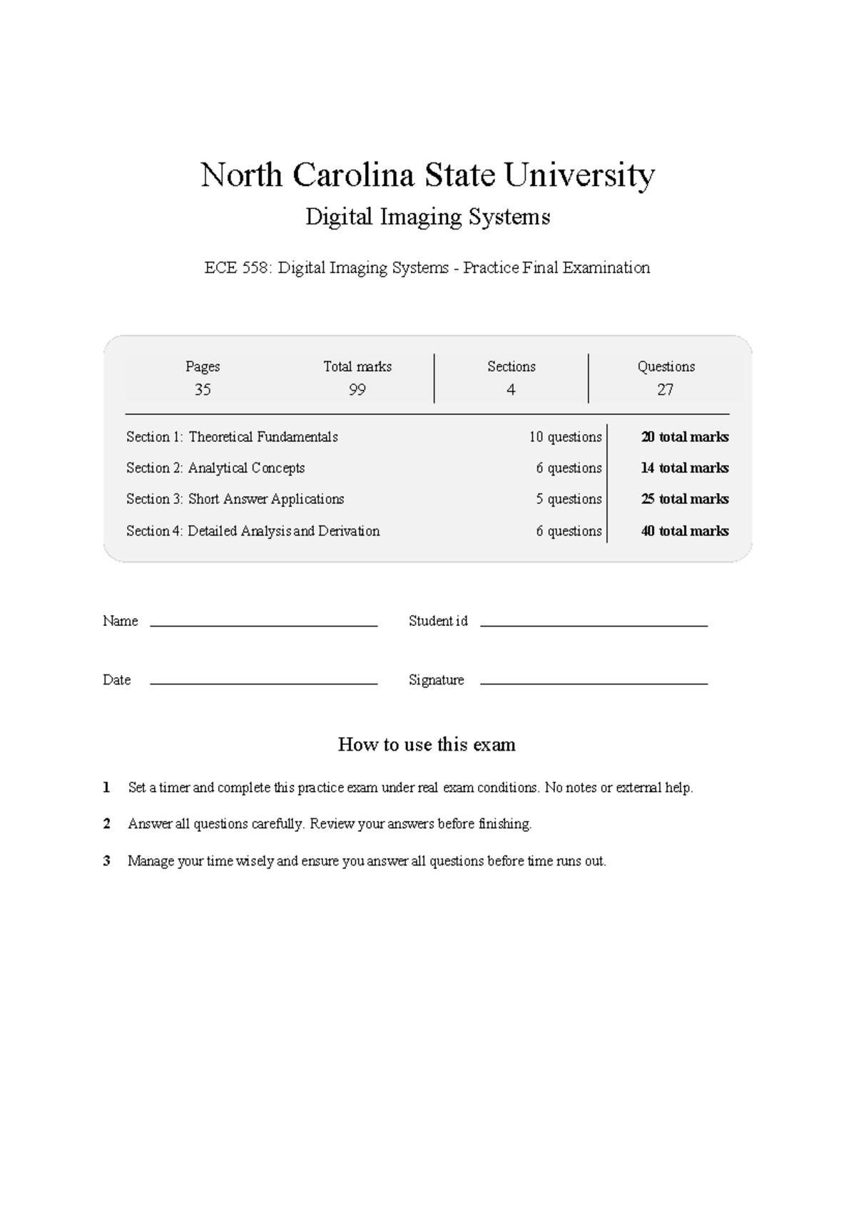 ECE 558 Digital Imaging Systems NC State Practice Final Exam 2026 - Studocu