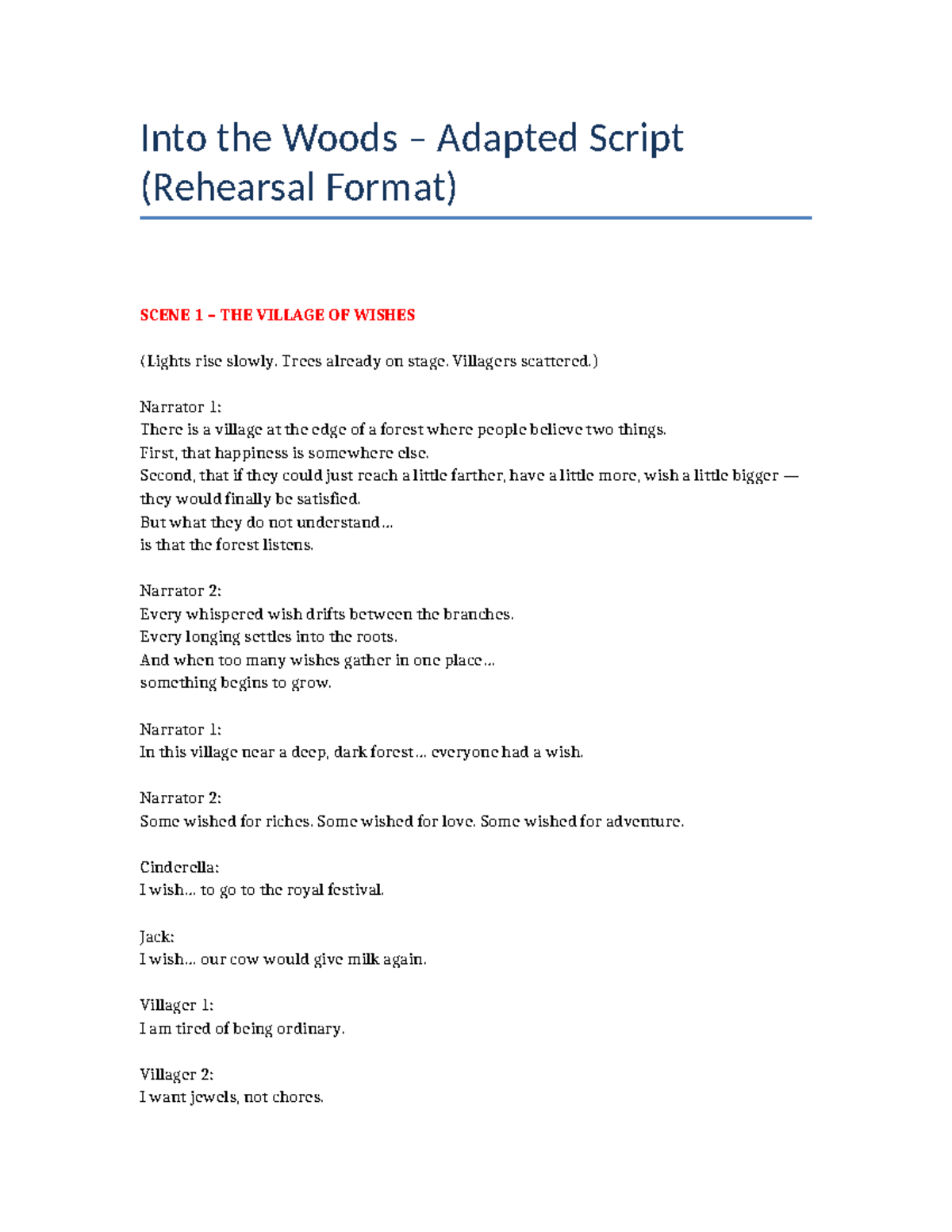 Into the Woods Adapted Script (Rehearsal Format) - Scene 1 - Studocu