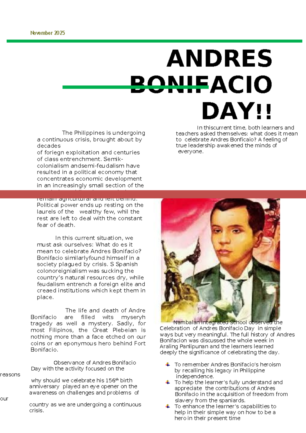 Andres Bonifacio Day Celebration: Reflection on His Legacy - Studocu